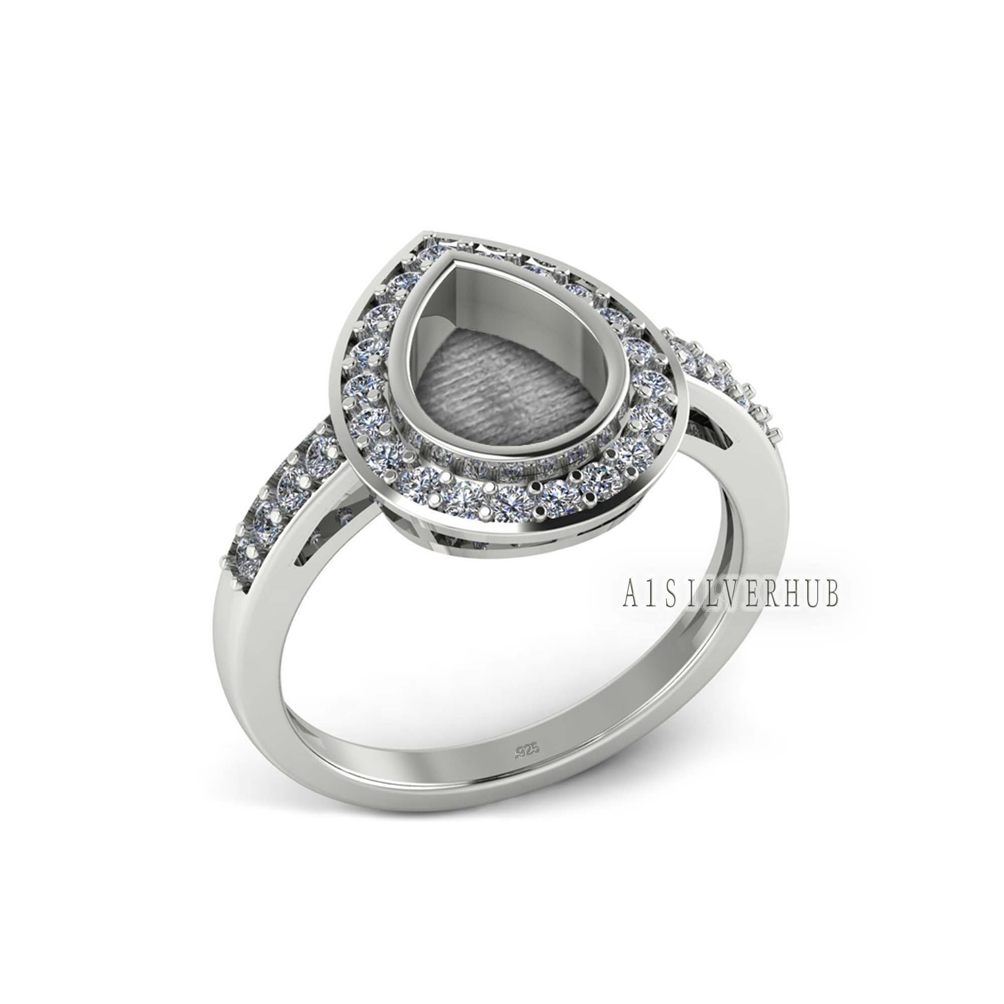 925 Sterling Solid Silver 7x9mm Pear Blank Bezel with CZ Setted Ring ...