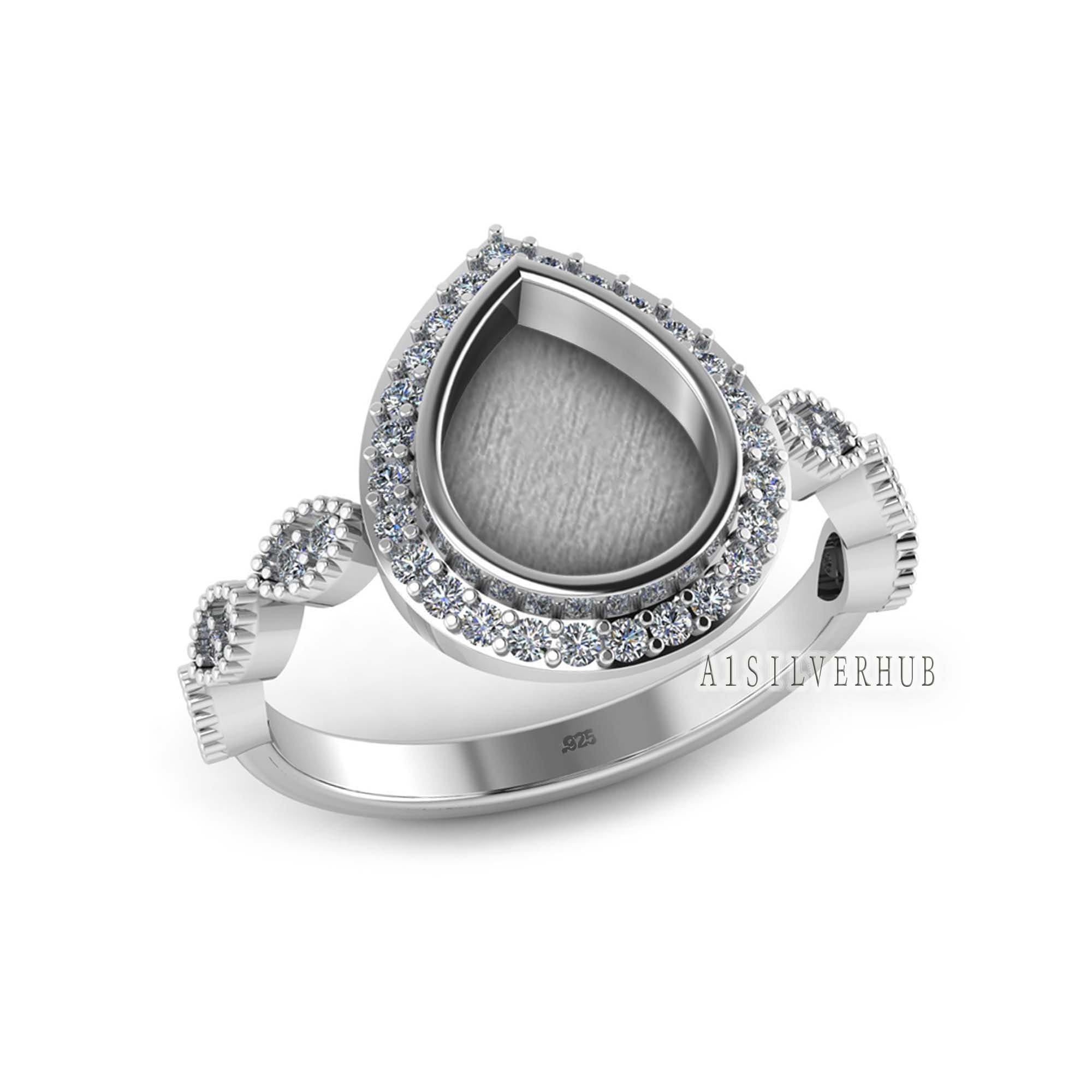 925 Sterling Solid Silver 8x10mm Pear Blank Bezel with CZ Setted, Good ...