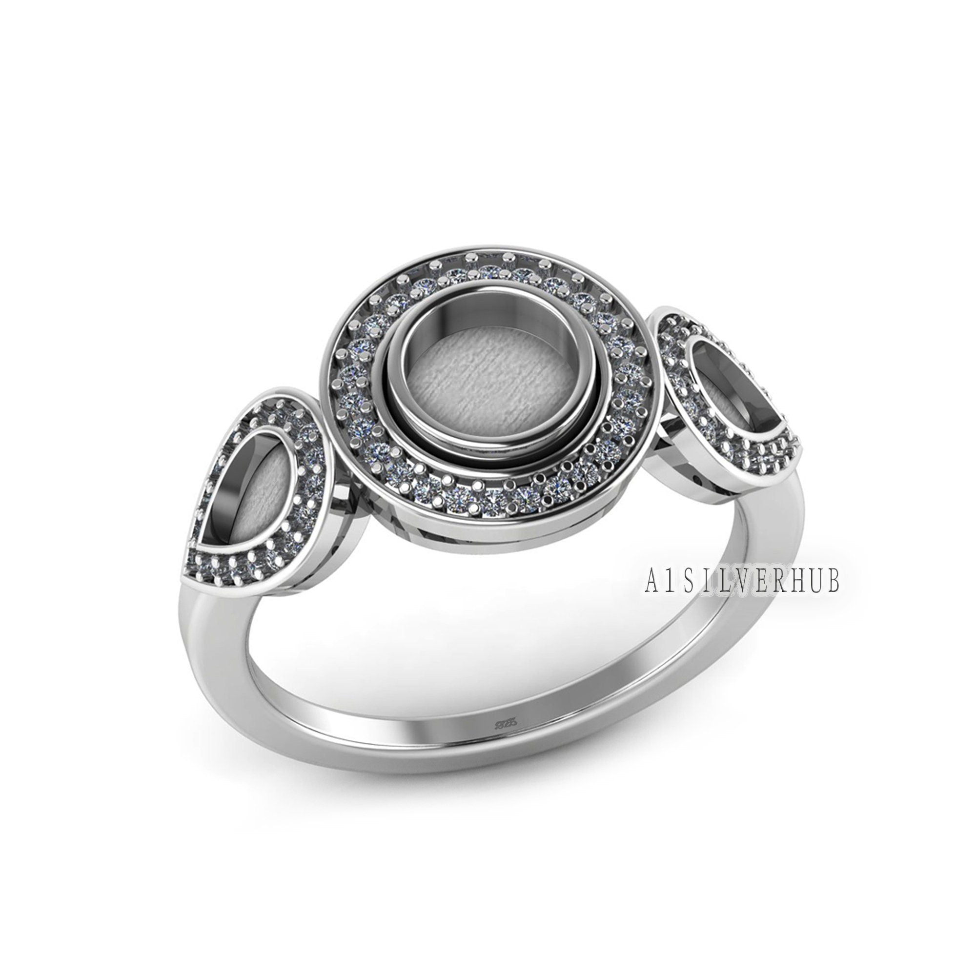925 Sterling Solid Silver Round 6mm Pear 5x3mm Blank Bezel with CZ Set ...